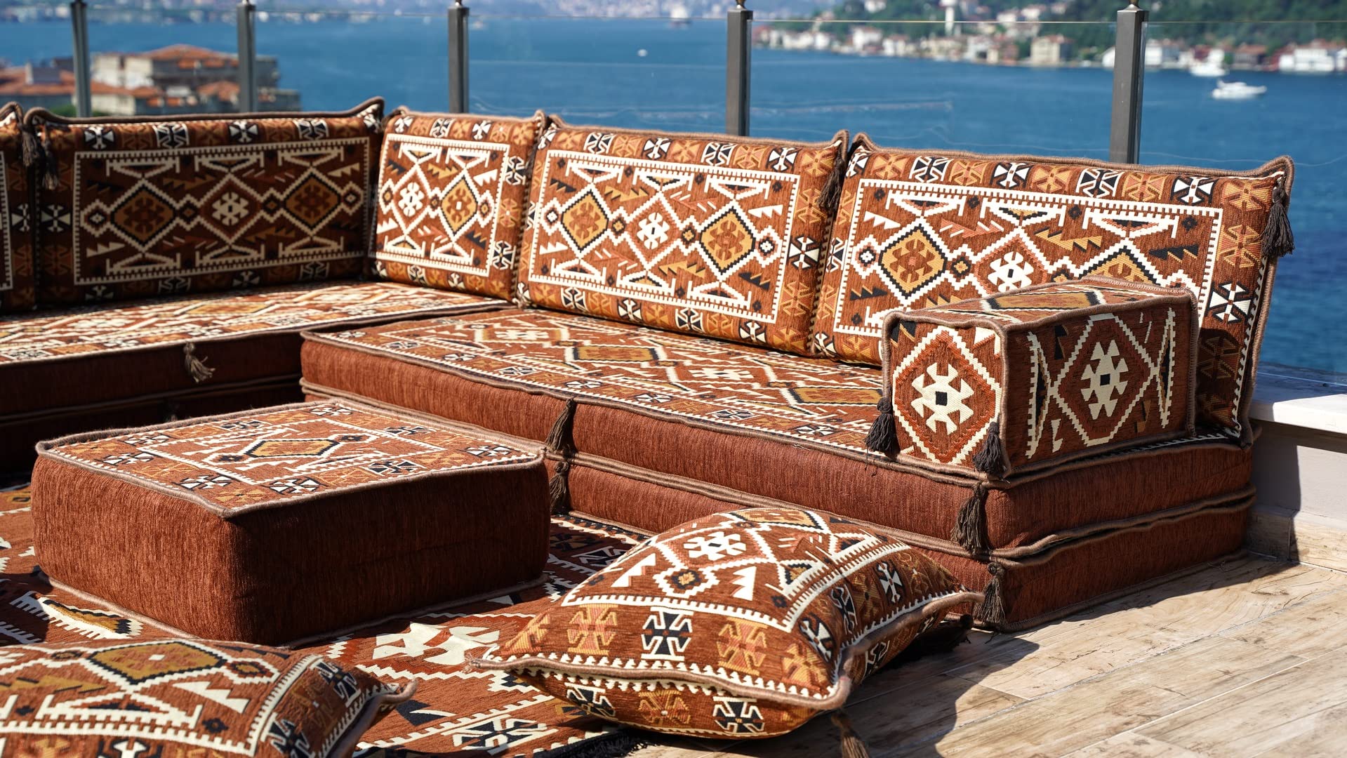 8" Thickness Brown Corner Floor Seating Set, Pallet Cushion Set, Modular Design Floor Cushion, Garden Sofa Set, Indoor Sofa Set, Futon Sofa Bed (L Sofa Full Set)