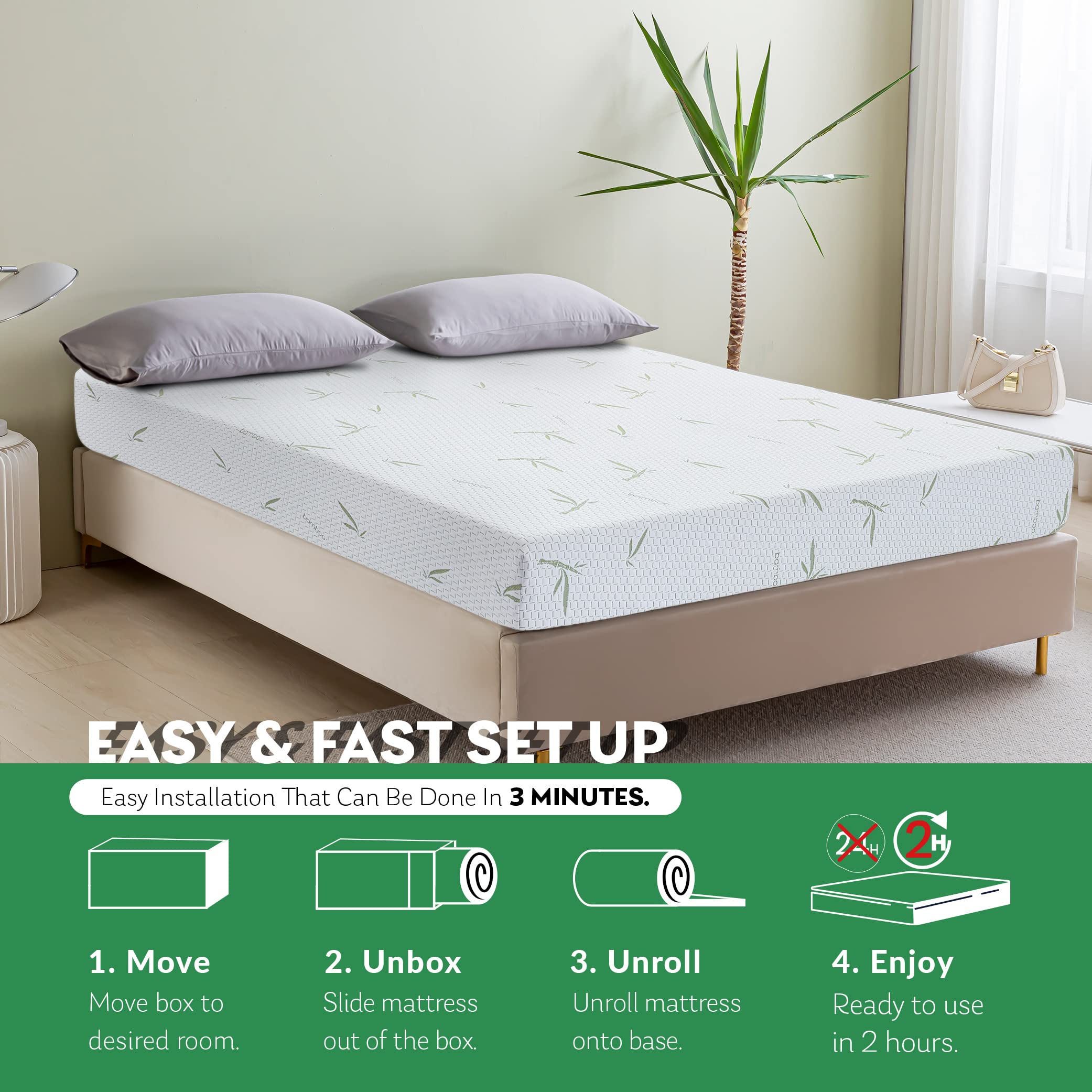 Coolsence Twin Cool Gel Memory Foam Mattress Bed in a Box 10 Inch, CertiPUR-US Certified Bamboo Cover Green Tea Mattress Made in USA, Medium Firm, 38”x75”x10”