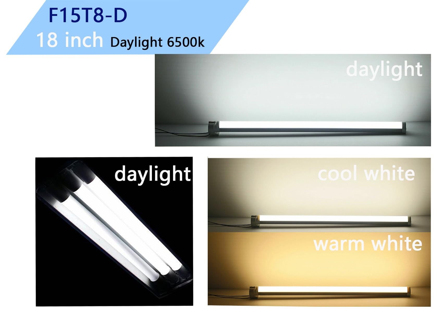 F15T8-D Daylight 15W Fluorescent Bulb,18'' F15T8/DL 6500K T8 Linear Preheat Lighting Lamps, G13 bi-pin Base