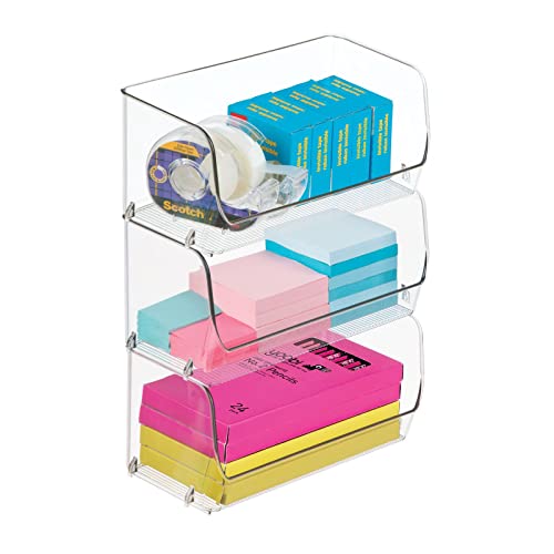 mDesign Small Plastic Stackable Office Storage Organizer with Open Front - Perfect Drawer and Desk Bin - Pen, Marker, Pencil, Paper, and Stationary Holder - 7" Wide - Ligne Collection - 3 Pack - Clear