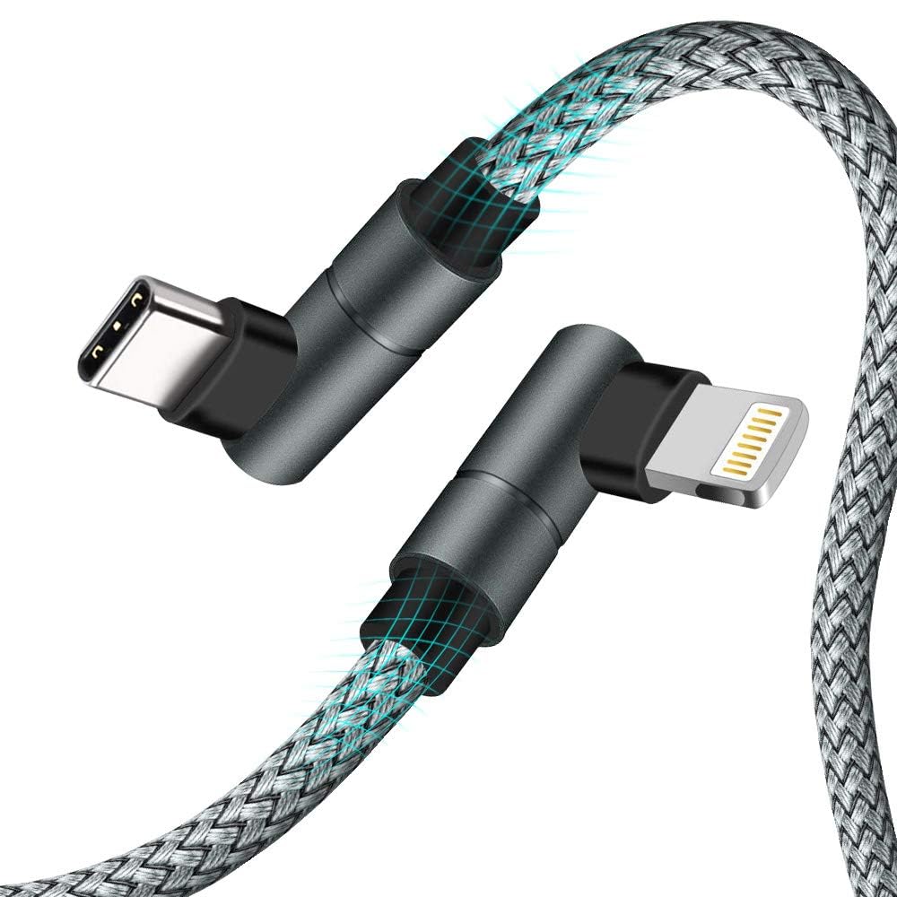 USB C to Lightning Cable 6ft [Apple MFi Certified] PD Fast iPhone 12 Charging Cable 90 Degree Type C Charger Cord Compatible with iPhone12/12 Mini/12 Pro/11 Pro Max/X/XS/XR/8, iPad 8th(Gray)