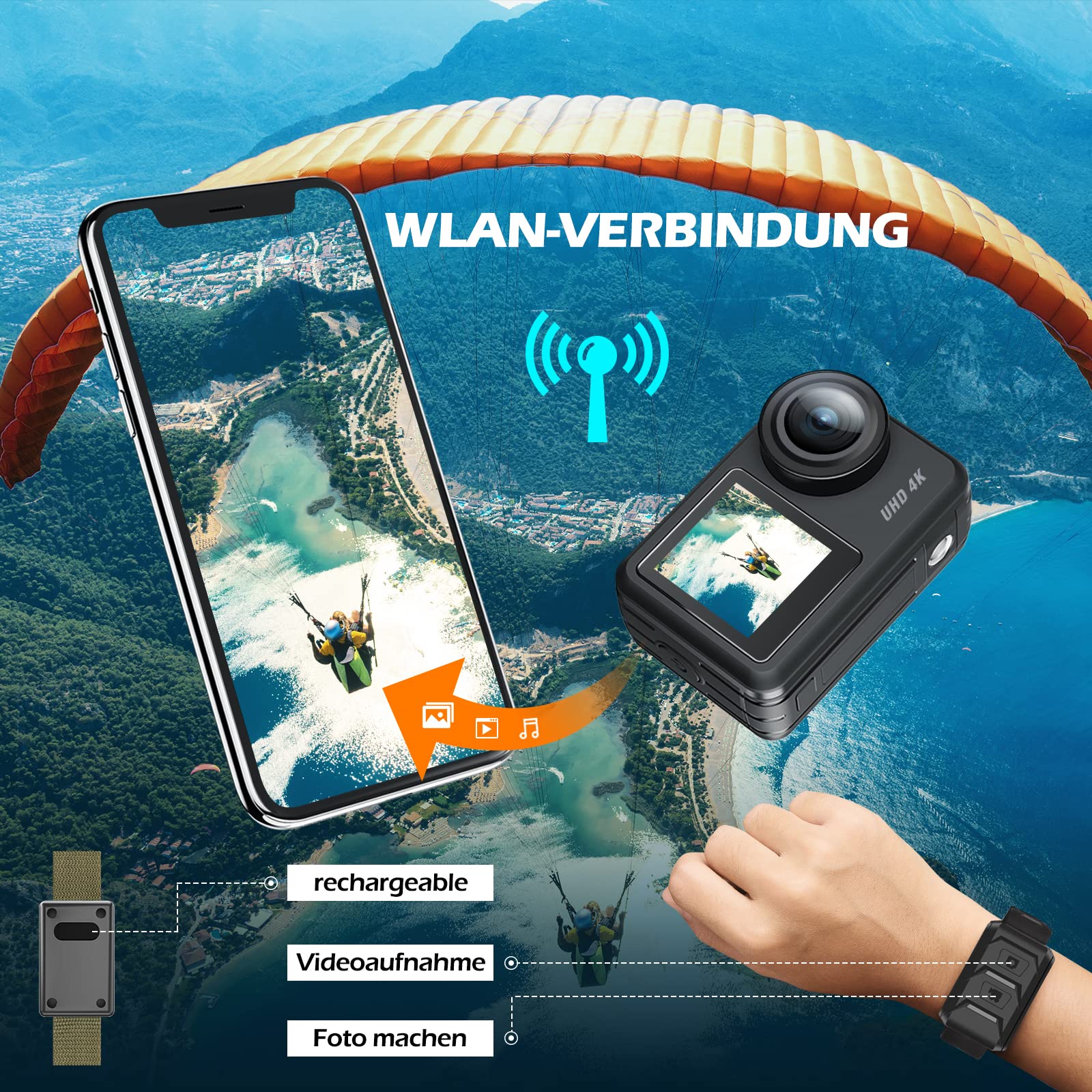 4K 20MP Action Camera Dual Screen 40M Waterproof Underwater Camera, WiFi Sports Camera, PC Webcam with EIS Remote Control, Charger and 2X 1350 Batteries