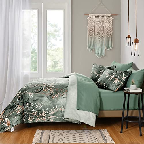 Dinjoy Botanical Comforter Set Queen 7 Pieces Bed in A Bag Dark Green Bamboo Leaves Comforter Set Soft Microfiber Queen Green Omber Comforter with Sheet (7 PCS Queen Comforter,Green)