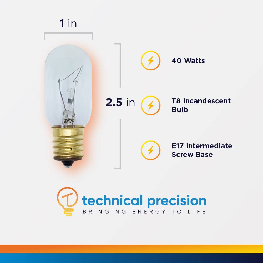 40W 120V Replacement for Whirlpool 8206232A Bulb by Technical Precision - T8 Incandescent Microwave Replacement Bulbs - Replaces 125V 40W Appliance Bulb for Range Hood & Oven - E17 Screw Base - 2 Pack