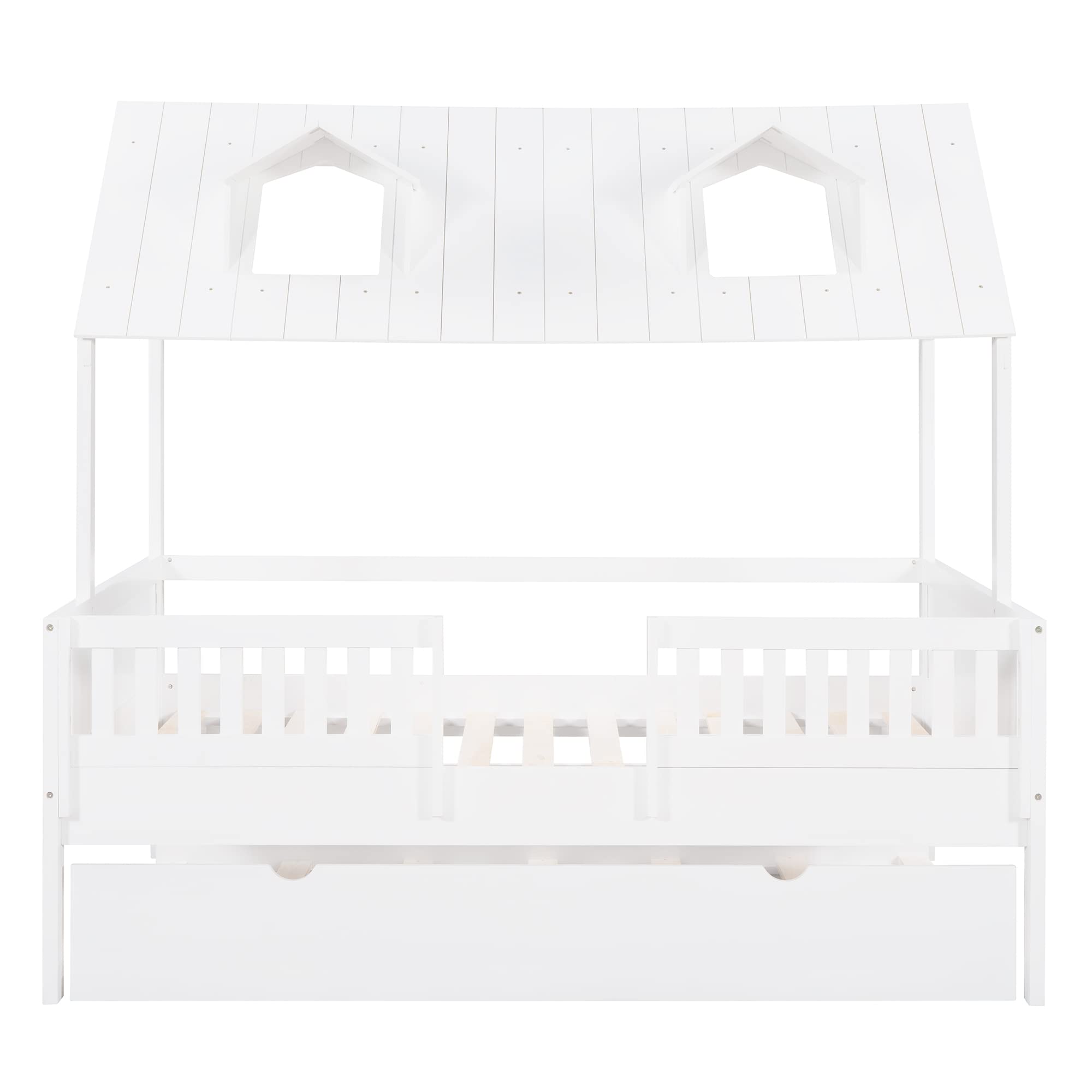 MERITLINE Full House Bed with Trundle, Wooden Platform Bed Frame with Roof, for Kids Teens Girls Boys - White