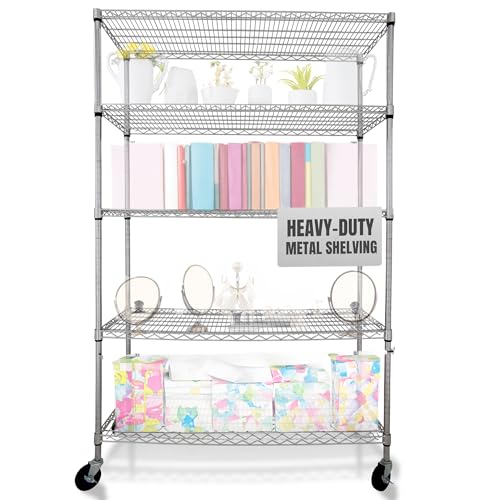 Crescent, Chrome, 48 x 18 x 76, 4000 LBS, Metal Shelves for Storage with Wheels, Ideal for Garage Shelving, 5 Tier Wire Shelving Rack for Kitchen Storage, Heavy Duty Shelving for Home Storage