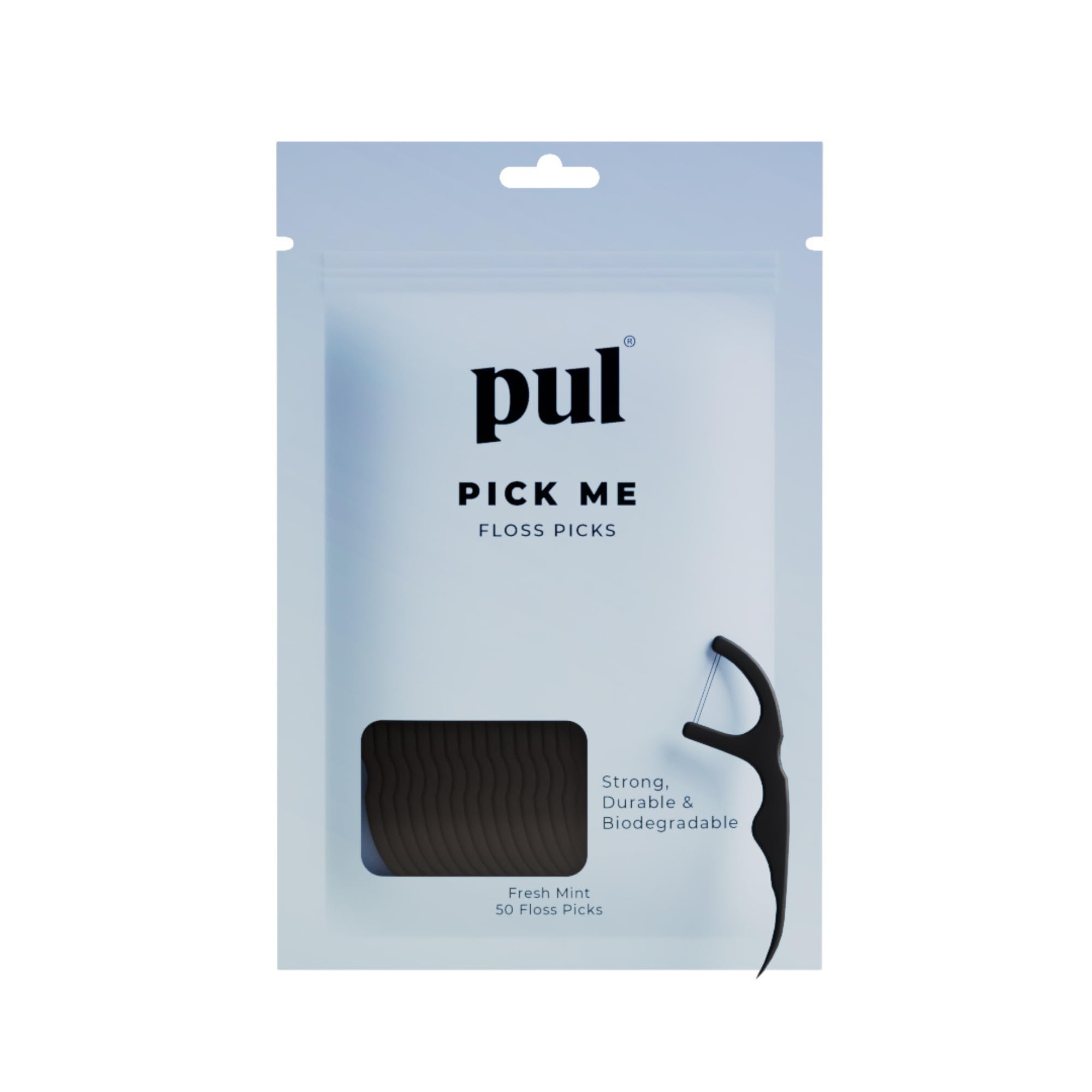 PUL Biodegradable Mint Dental Floss Picks | Eco-Friendly Charcoal Infused Twin Floss System | Strong, Minty Fresh Teeth Flossers | Shred-Resistant & Fluoride Free Dental Picks - 50 Count