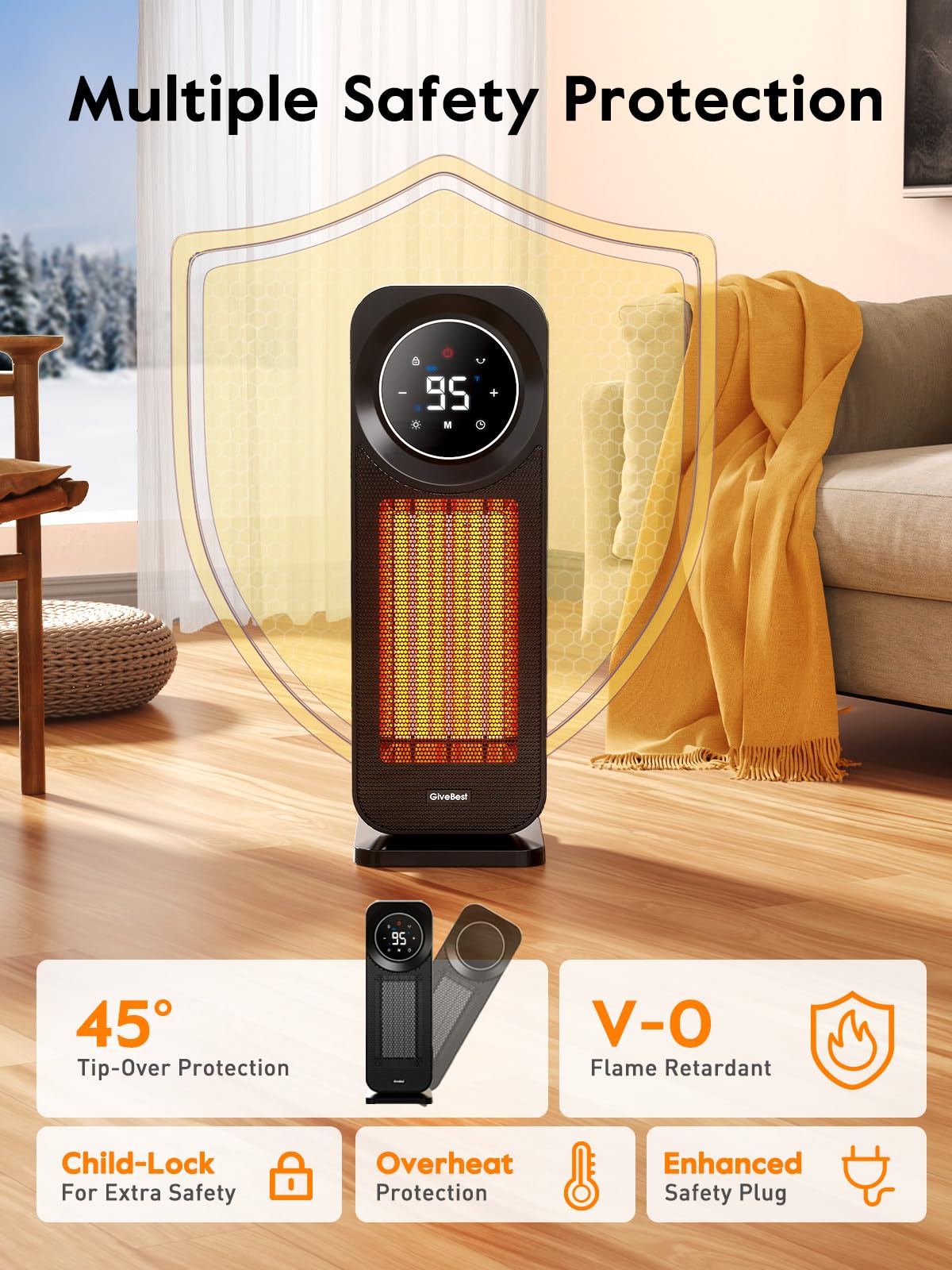 Givebest Space Heaters for Indoor Use, Touch Panel, 1500W Fast Heating Electric Heater with Remote, 5 Modes Quiet Heater with Night Light, Oscillating Heater with Thermostat for Bedroom, Office
