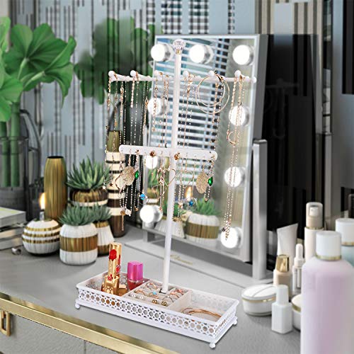 Meangood Jewelry Tree Stand Organizer 3in1 Necklace Organizer Display Bracelet Earrings and Ring Tray Jewelry Holder Hanger Metal(White)