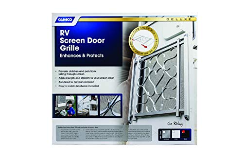 Camco Camper/RV Screen Door Deluxe Grille | Features an Adjustable Width of 20-Inches to 32-Inches & Crafted of Heavy-Duty Aluminum | Includes Installation Hardware (43993)