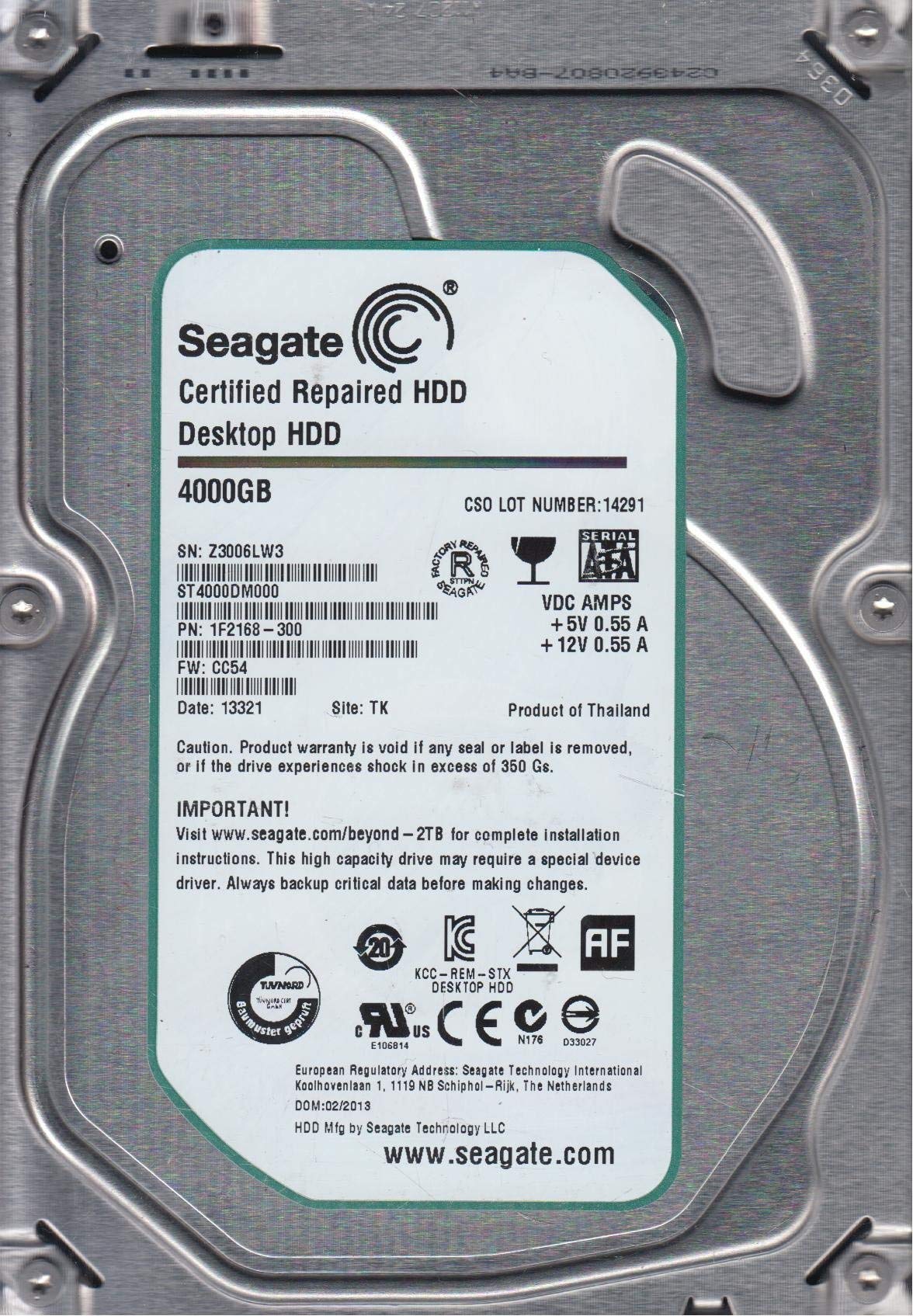 ST4000DM000, Z30, TK, PN 1F2168-300, FW CC54, Seagate 4TB SATA 3.5 Hard Drive (Renewed)