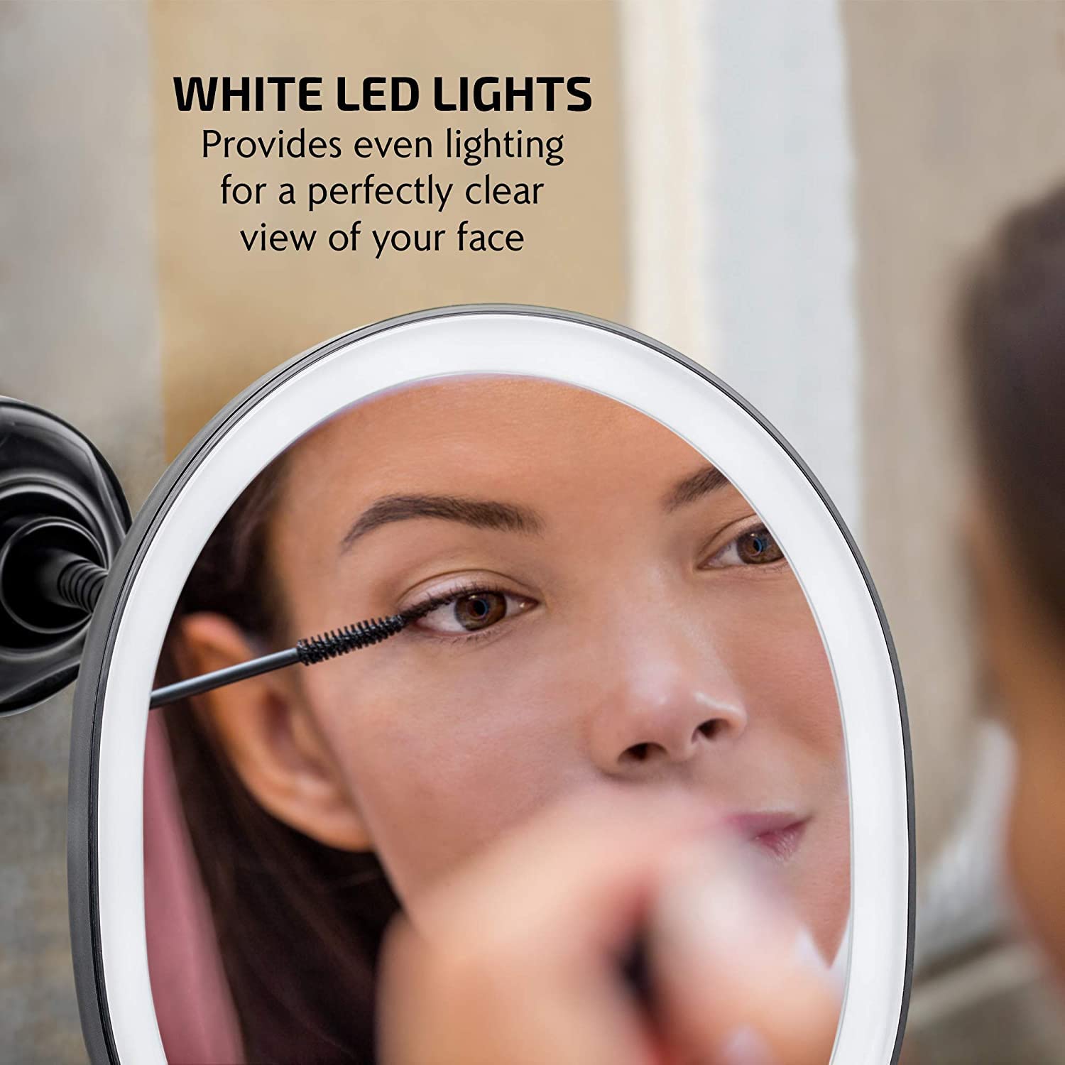 OVENTE 9'' Lighted Wall Mount Makeup Mirror with Mini Magnetic 10X Magnifying Mirror, Rechargeable Vanity Mirror, Touch Screen Dimmable LED Lights, Flexible Gooseneck & Suction Mounting, Black MOW22B