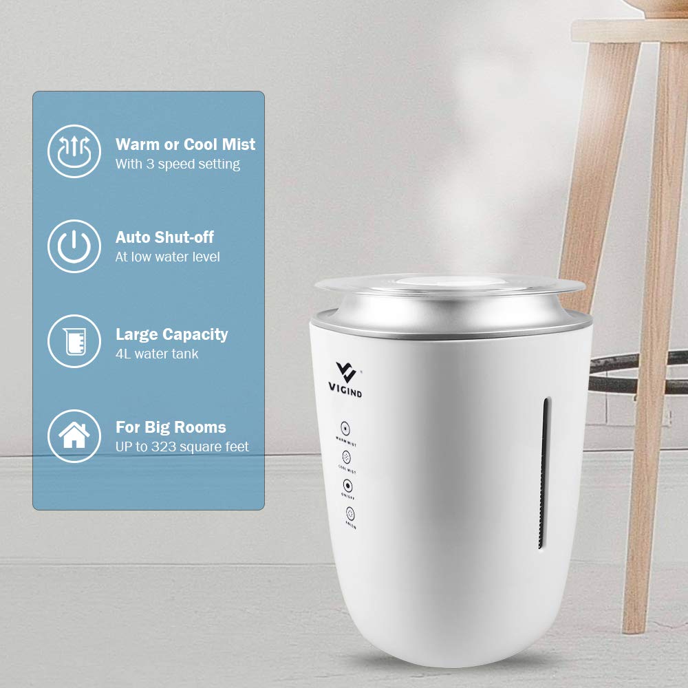 4L Ultrasonic Cool & Warm Mist Humidifier with Adjustable Mist Level, Whisper Quiet and Auto Shut Off Ultrasonic Vaporizer Aroma Essential Oil Diffuser for Home Office Large Room-White