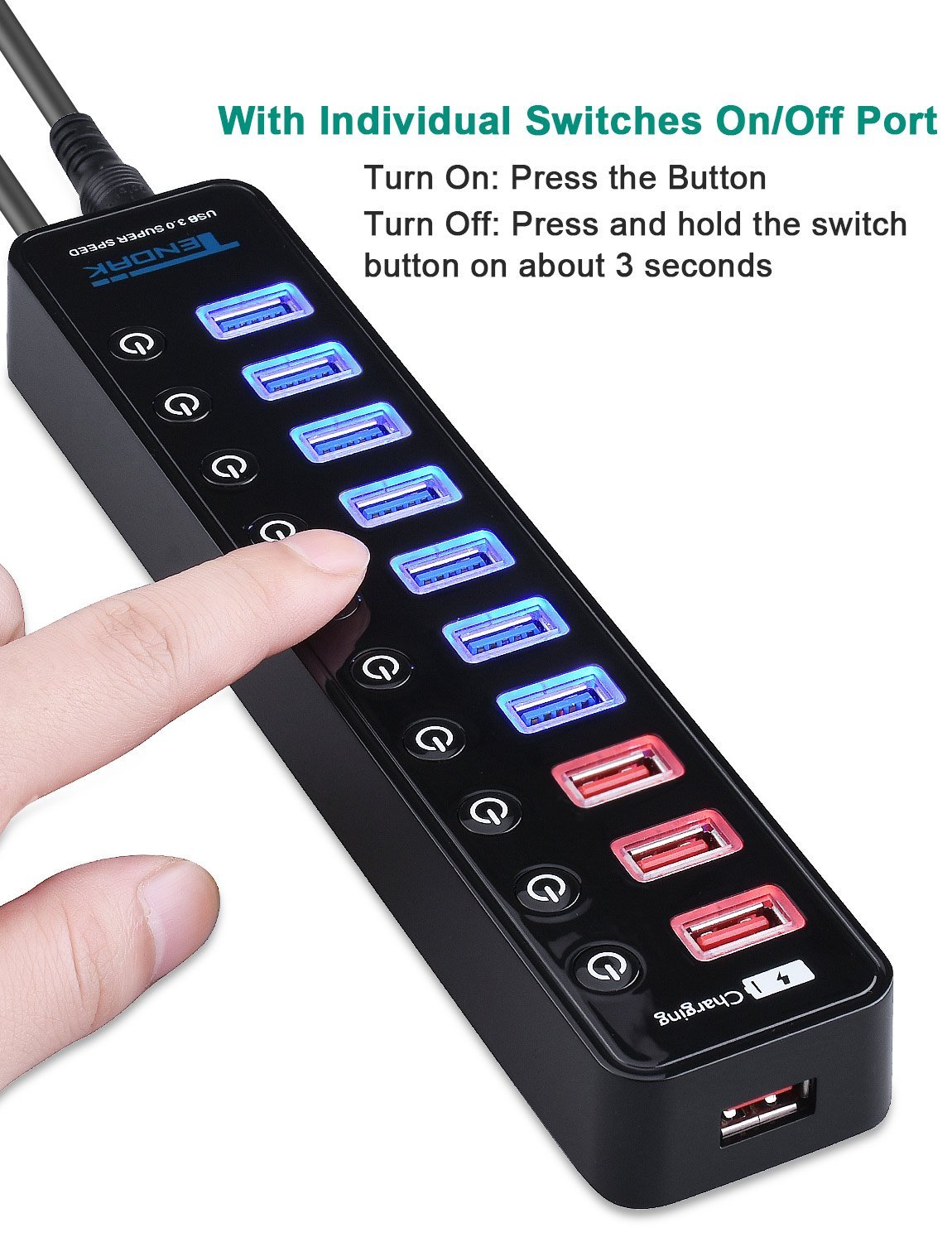 USB 3.0 Hub - Tendak 7 USB 3.0 Data Ports + 3 USB Smart Charging Ports with Individual On/Off Port Powered 10 Port USB Hub for PC Mac PS4 Xbox One XPS Surface Pro