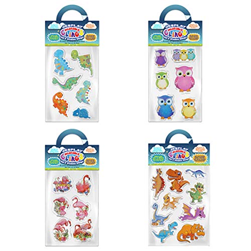JesPlay Dinosaurs and Birds 4 Product Bundle - Removable Gel and Window Clings for Kids, Toddlers - Flamingoes, Owls, T Rex, Triceratops and More! - Incredible Gel Decals for Glass, Walls, Rooms
