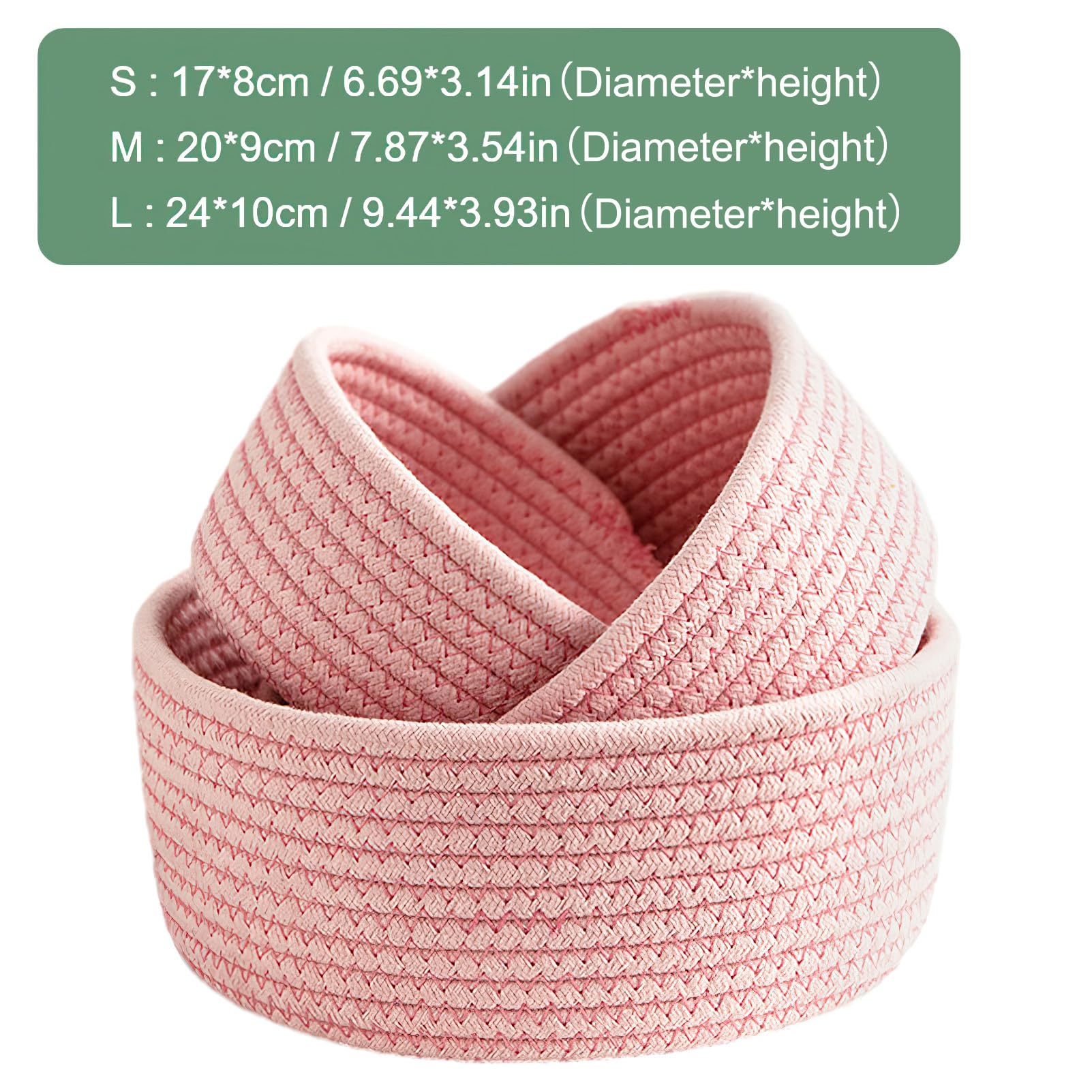 3-Piece Small Round Storage Basket Set Cotton Rope Woven Basket for Organizing, Key Tray, Nesting Bins Storage Organizer for Shelves, Closet, Counters, Entryway, Pink