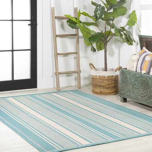 JONATHAN Y SMB202A-4 Haynes Modern Double Stripe Indoor Outdoor Farmhouse Transitional Area Rug,High Traffic,Kitchen,Living Room,Backyard,Non Shedding,4 X 6,Aqua/Beige