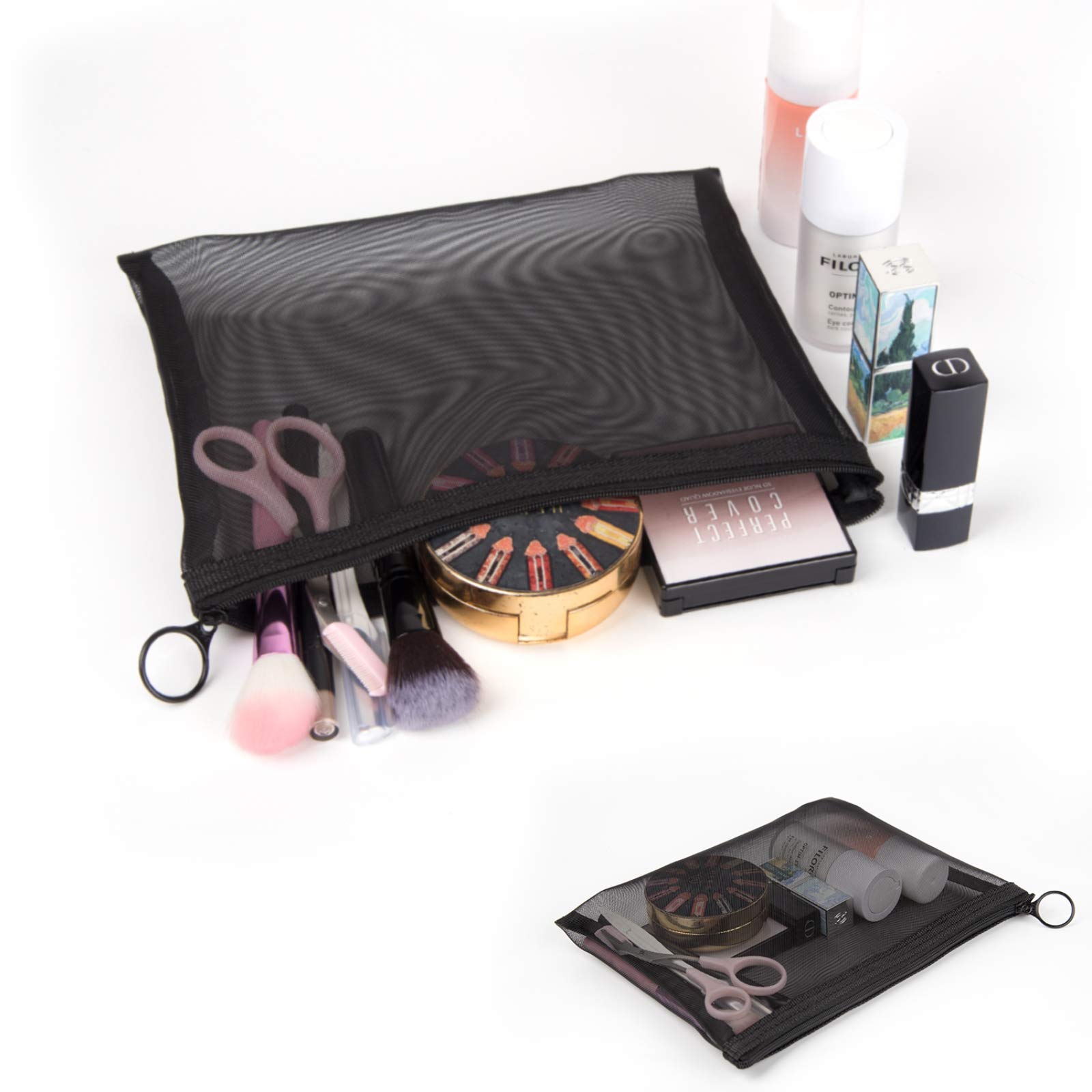 Patu Zipper Mesh Bags, Pack of 4 (S/M/L & Pencil Pouch), Beauty Makeup Cosmetic Accessories Organizer, Travel Toiletry Kit Set Storage Case, Black
