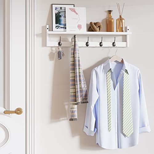 BAMEOS Wall Hooks with Shelf Entryway Wall Hanging Shelf Wood Coat Hooks for Wall with Shelf Wall-Mounted Coat Hook Rack with 5 Dual Hooks for Bathroom, Living Room, Bedroom (White-with Shelf)