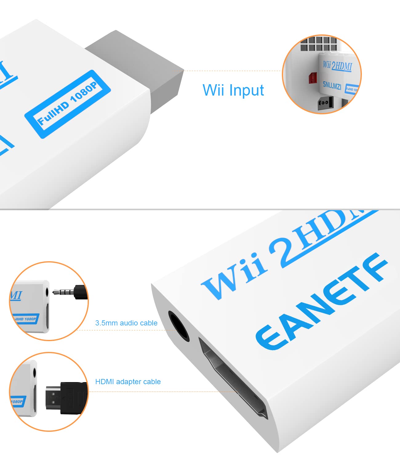 Eanetf Wii to HDMI Converter, Wii to HDMI 1080P with 5ft High Speed HDMI Cable Wii2 HDMI Adapter Output Video&Audio with 3.5mm Jack Audio, Support All Wii Display 720P, NTS