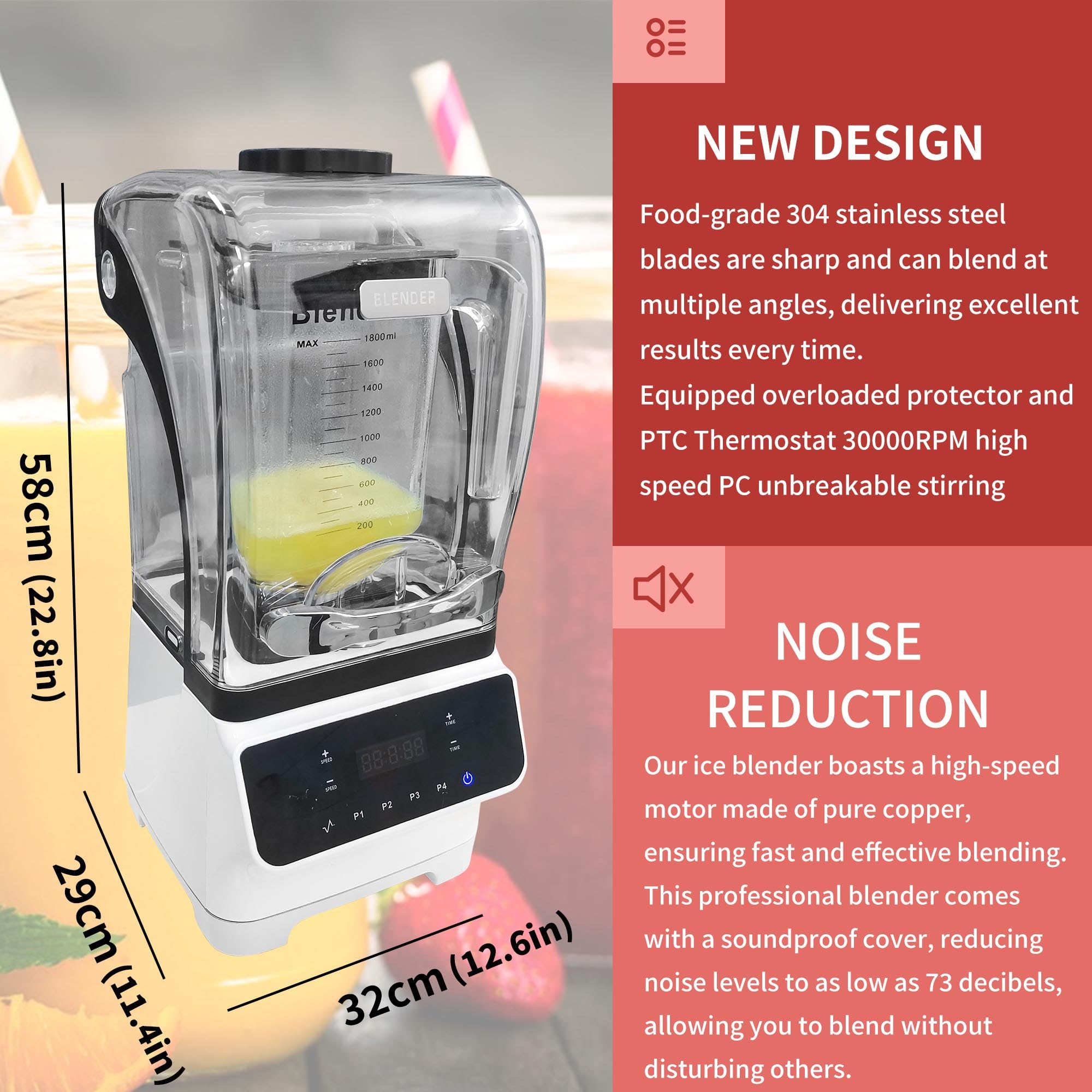 Generic Yovtekc Commercial Blender Smoothies, Blender for Kitchen with 1.8L(61oz) Plastic Jar, Countertop Blender with Sound Shield for Frozen Fruit Smoothies, High-speed Blender 2200W White