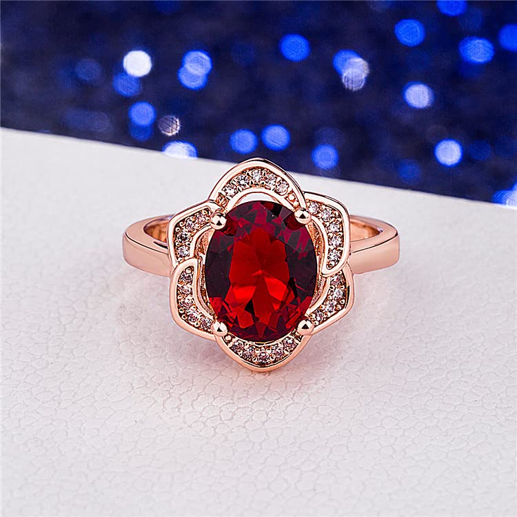 925 Silver Color Treasure Natural Rubellite Women's Ring Diamond Cluster Rings Rose Plated 18K Gold Flower Shape Ring Ruby Bridal Round Cut Cubic Zirconia Engagement Wedding Ring 583 (Red)