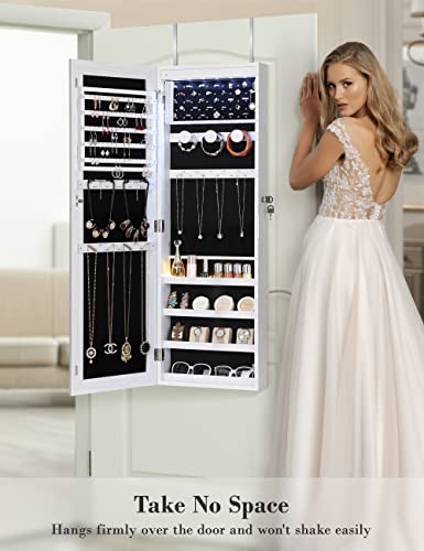 Nicetree 6 LEDs Mirror Jewelry Cabinet with 3 Improvements, 4.2" D Lockable Mirror with Jewelry Storage, Door/Wall Mounted Jewelry Organizer Mirror, Larger Capacity, White