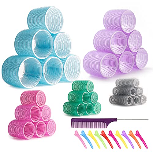 Jumbo Hair Rollers Hair Curlers. 3 inch Rollers, Large Self Grip Hair Curlers for Long Hair, Big Hair Rollers for Long Hair. No heat Curlers Hair Rollers with Clips & Comb. 30 Pack