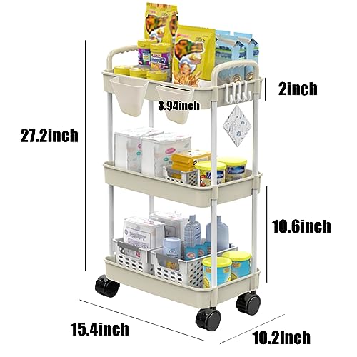 3-Tier Rolling Utility Cart, Rolling Organization Cart with Handles and Lockable Wheels, Easy Assembly Multifunctional Storage Trolley Art Cart for Bathroom, Kitchen, Living Room, Office