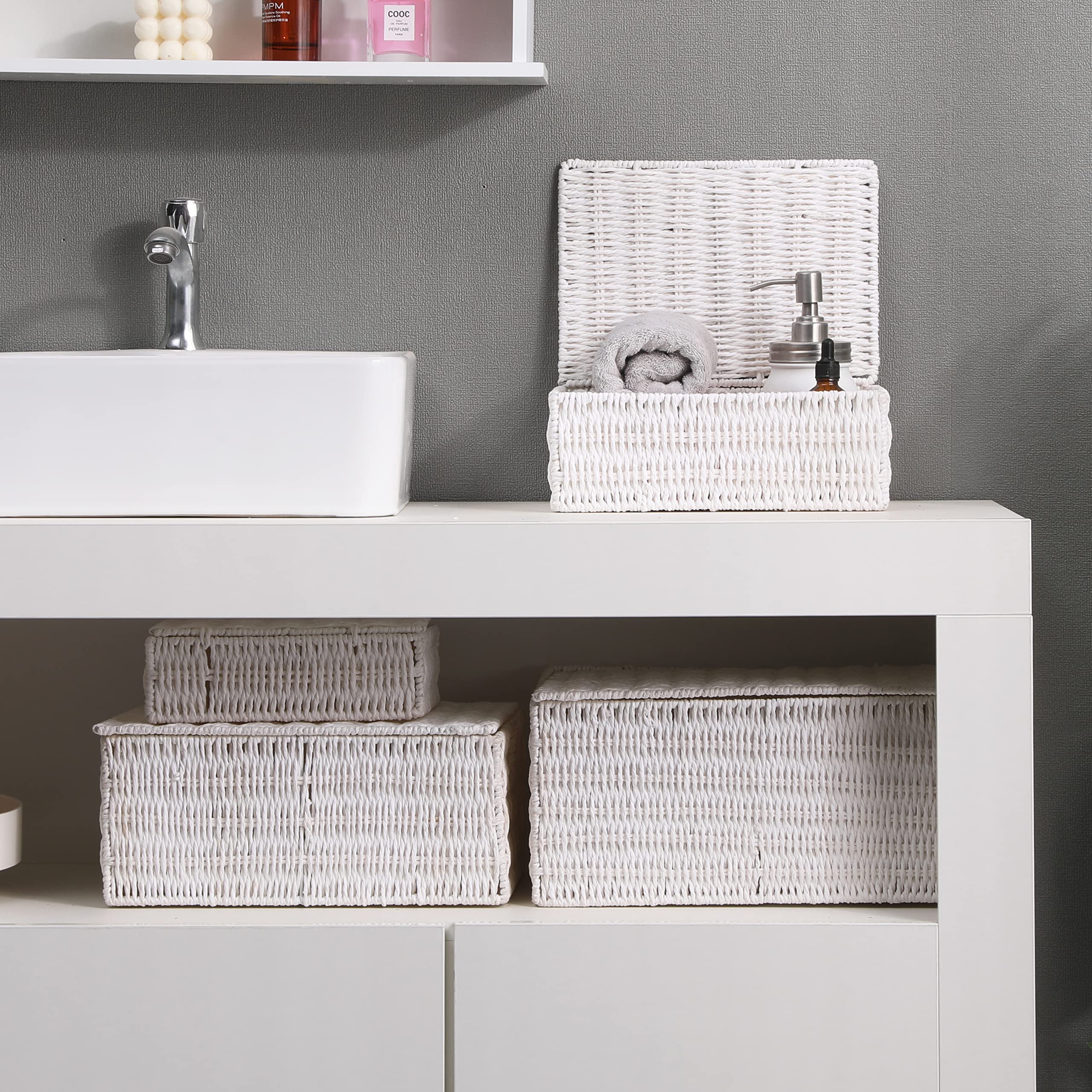 4 Set of Storage Baskets (Pearl White) - Rattan Decorative Box & Closet Organizers and storage & Basket with Lid & small basket with lid, decorative baskets for Clothes, Toys, Books