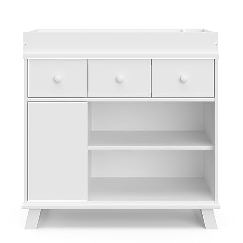 Storkcraft Modern Nursery Changing Table Dresser (White with White) – GREENGUARD Gold Certified, Baby Dresser With Changing Table Top, Dresser for Nursery, Changing Table With Drawers