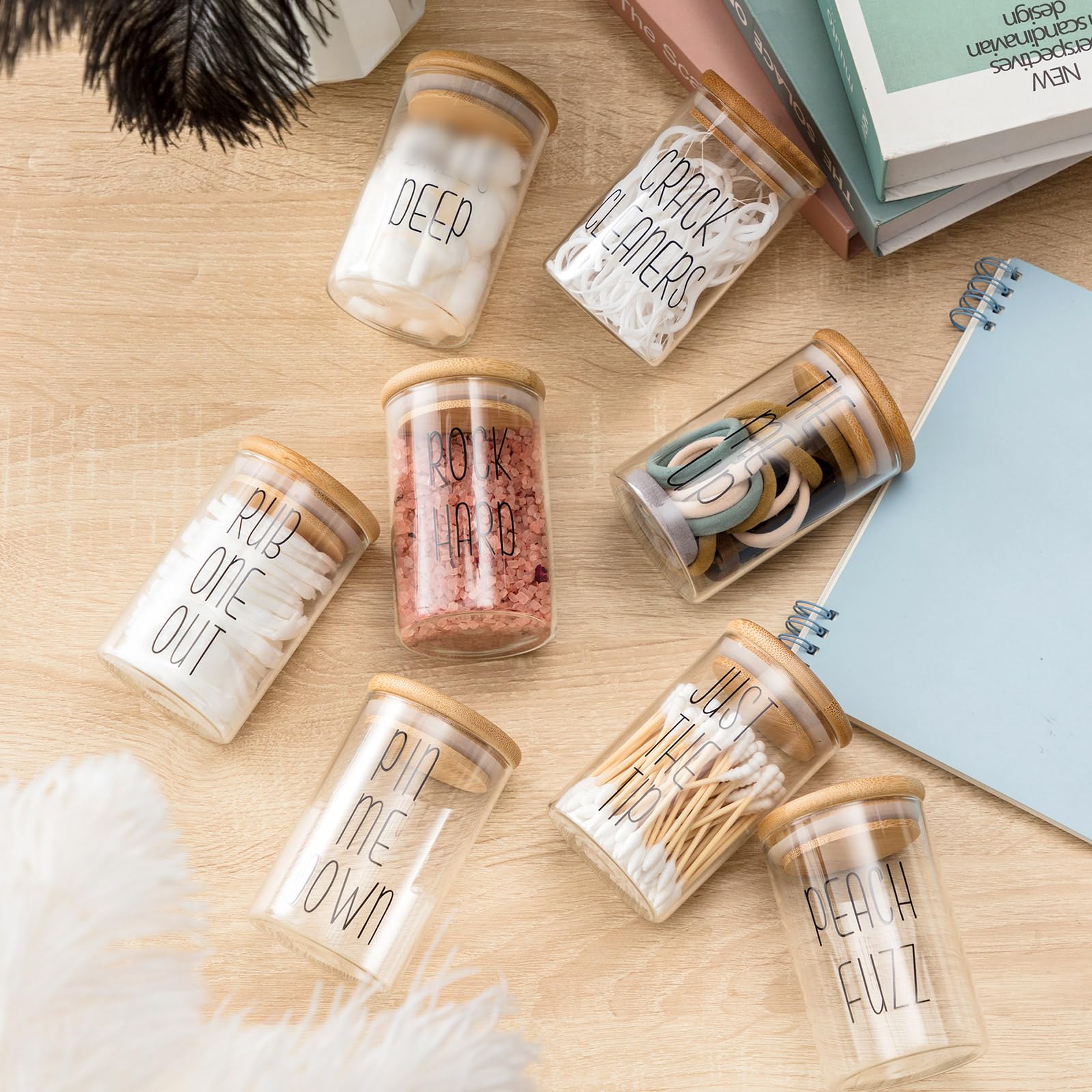 Tessco 8 Pcs Bathroom Jars with Lids Set 10Oz Apothecary Jars Glass Bathroom Jars with Bamboo Lid Cotton Ball Holder Funny Bathroom Canisters Bathroom Storage Decor for Floss Pick Makeup Organizer