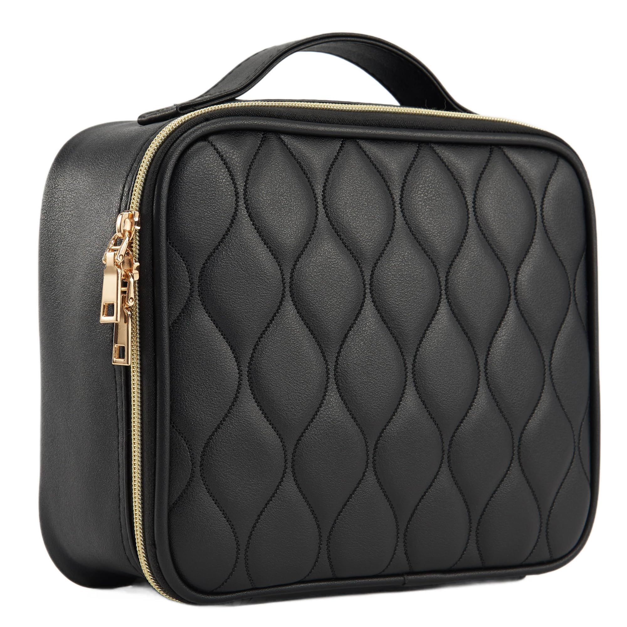 Stagiant Travel Makeup Bag, Make up Bag for Women, Large Leather Cosmetic Bag Travel Toiletry Bag for Girls Make Up Bag Brush Organizer Bags (Quilted Black)