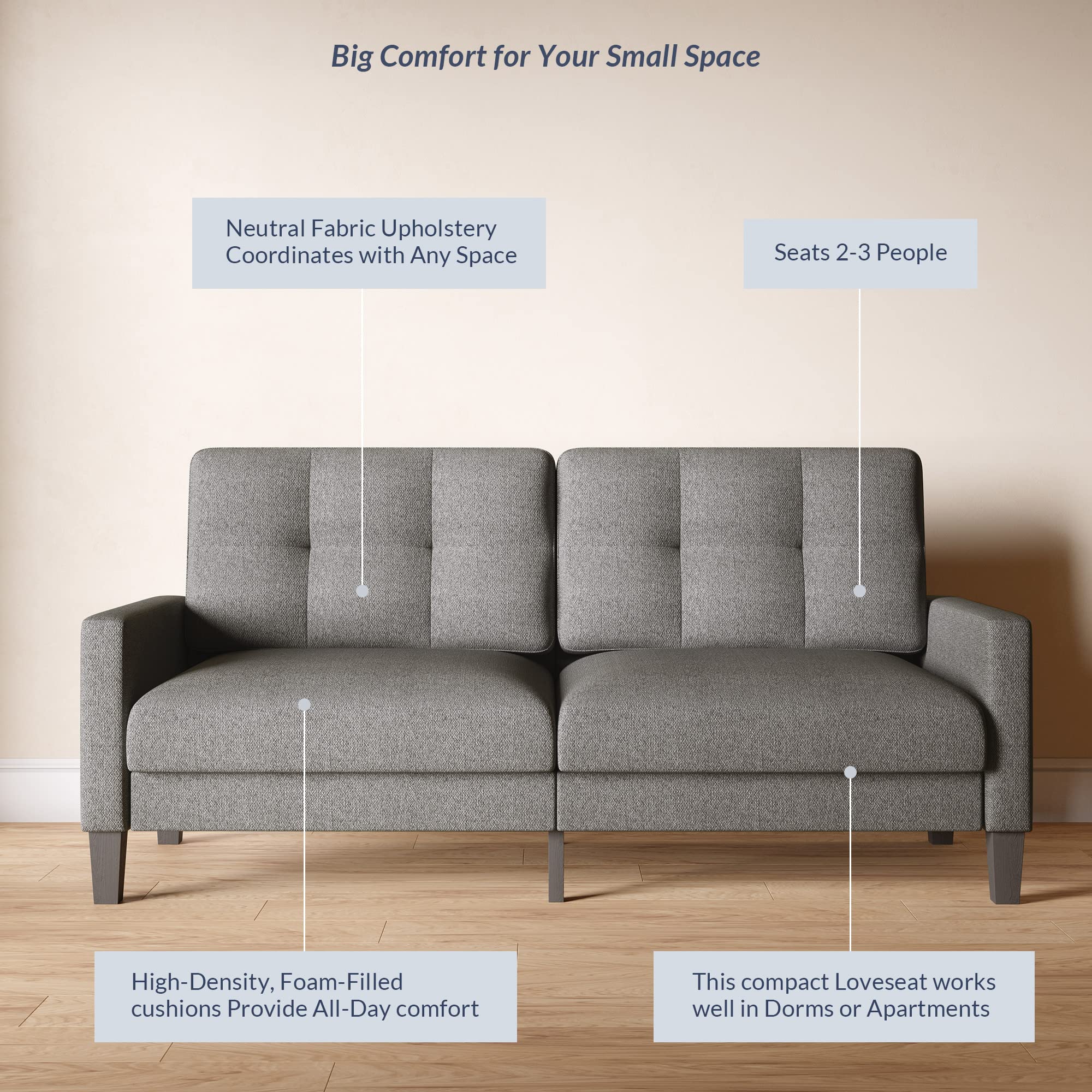 BELLEZE Modern Upholstered Tufted Sofa for 2-3 People 75.2" W, Small Loveseat Couch for Living Room, Bedroom Or Office, Versatile Furniture for Small Spaces,Fabric - Harper (Gray)