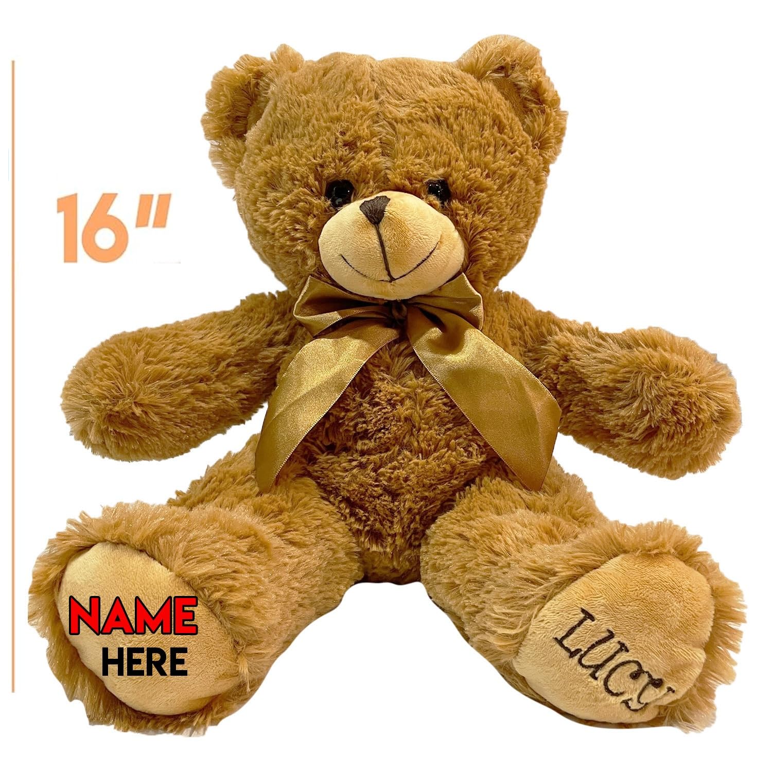 Personalized Stuffed Teddy Bear Gift for Her, Him, 16 Inch - Cute Custom Brown Bear with Your Name and Year on The Feet