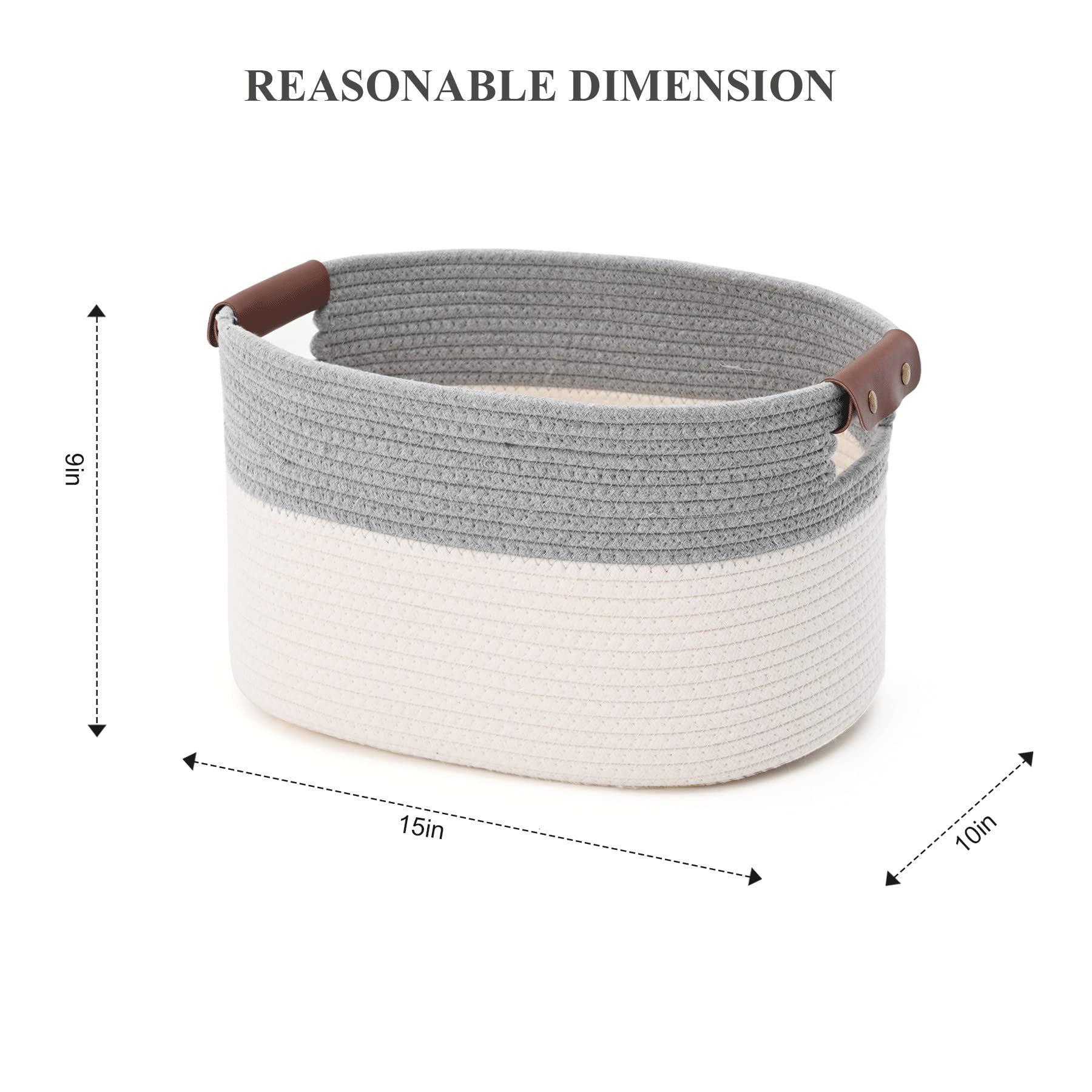 ECDYQXVU 1 Pack Cotton Rope Storage Baskets,15x10x9 in,Collapsible Storage Bins, Decorative Woven Basket Cube Storage Organizer for Nursery, Laundry, Towel, Clothes,Cosmetics, Books(White/Grey)