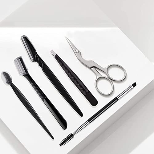 FITDON Eyebrow Grooming Set, Professional Slant Tip Tweezers & Curved Stainless Steel Scissors & 3PCS Brow Razors Trimmer & Duo Angled Eyebrow Brush with Spoolie black,sliver