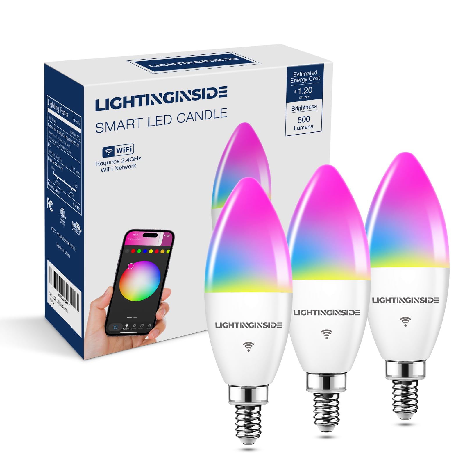 Lightinginside E12 Smart Bulb 60W Equivalent, 500LM 6W WiFi Candelabra LED Light Bulb Compatible with Alexa/Google Home, No Hub Required, RGBCW Chandelier Candle Bulb, 2.4G WiFi Only, ETL Listed, 3PCS