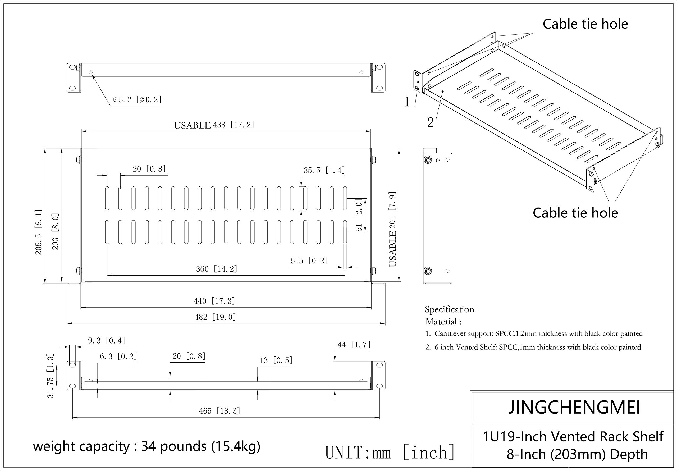 Jingchengmei 2 Pack of 1U Disassembled Vented Cantilever Server Rack Mount Shelf 8" (203mm) Deep for 19" Network Cabinet or Equipment Rack (8V2PC)