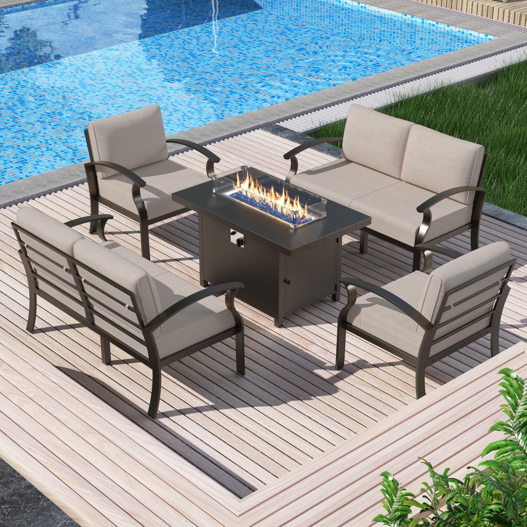 Gotland 6 Seats Outdoor Metal Patio Furniture Set with 55,000 BTU Gas Fire Pit Table w/Glass Wind Guard Patio Conversation Sectional Sofa Sets-Khaki