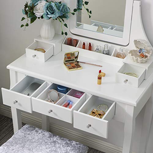 BEWISHOME Vanity Set with Mirror & Cushioned Stool Dressing Table Vanity Makeup Table 5 Drawers 2 Dividers Movable Organizers White FST01W