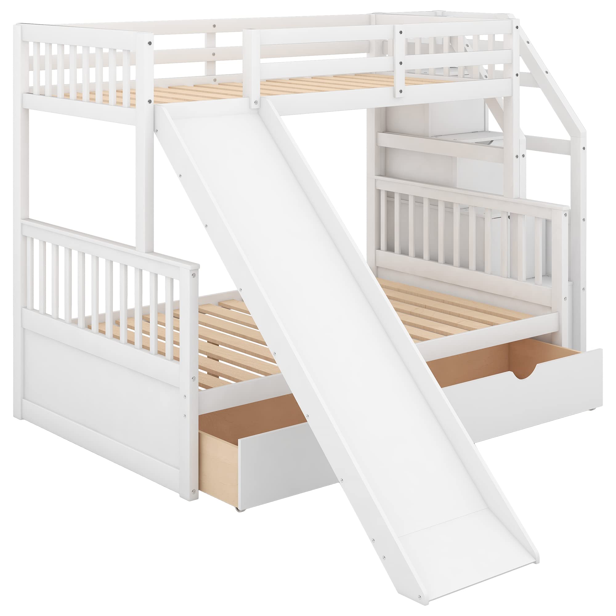 Twin Over Full Bunk Bed with Stairs and Slide, Solid Wood Bunk Bed Frame with Storage Drawers for Kids Girls Boys (White)
