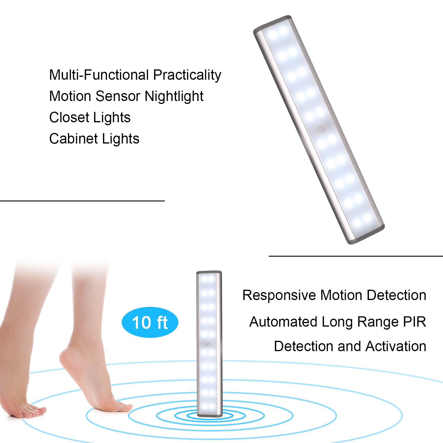 Stick-On Anywhere Portable Closet Lights Wireless 20 Led Under Cabinet Lighting Motion Sensor Activated Build in Rechargeable Battery Magnetic Little Safe Night Tap Light for Closet Cabinet (Silver)
