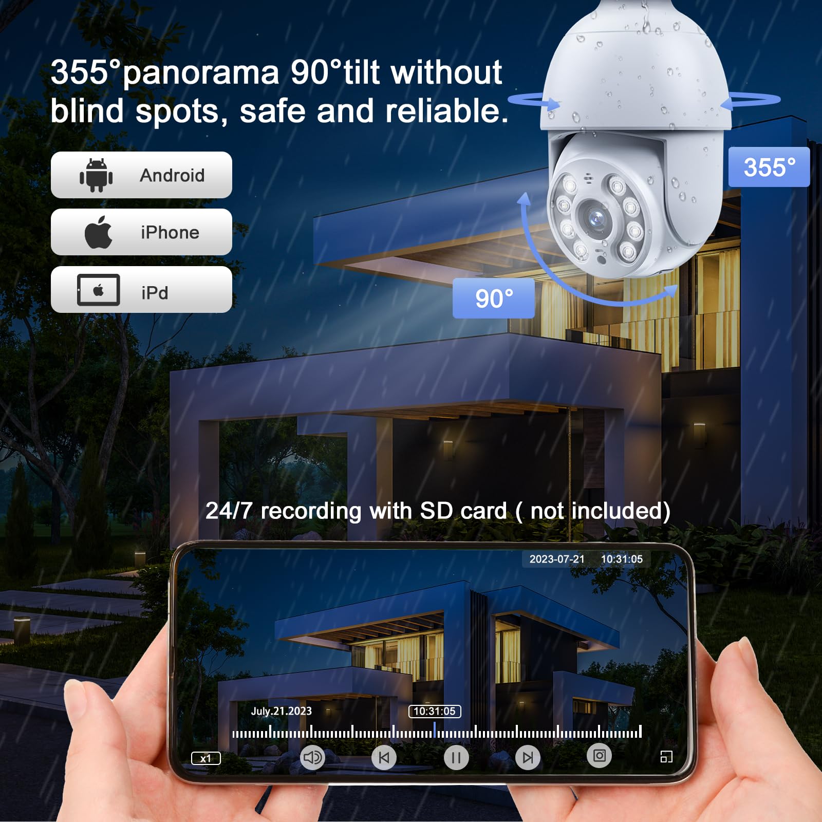 4MP Light Bulb Security Camera, 360° 2K Security Cameras Wireless 2.4GHz Outdoor/Indoor with Color Night Vision, Motion Detection, Audible Alarm, Auto Motion Tracking, SD&Cloud Storage with Alexa
