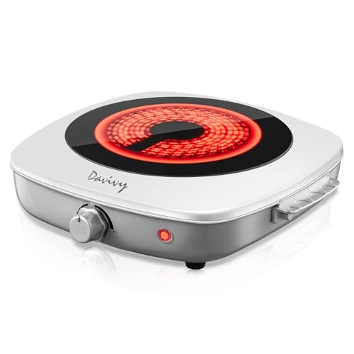 Davivy Single Burner Electric Hot Plate: Rapid 1200W Heating, Easy Cleanup, 7.9" Crystallite Ceramic Glass Top, Adjustable Temperature,White