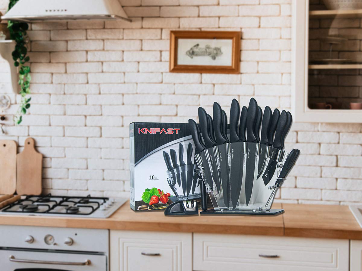 KNIFAST Knife Set Stainless Steel 18 Pieces with Block Dishwasher Safe, Kitchen Knives Set Chef Knife Set with Knife Sharpener, 6 Steak Knives with Peeler Scissors Cheese Pizza Knife and Acrylic Stand
