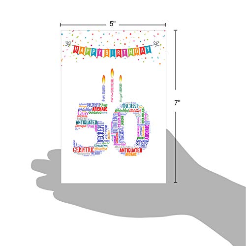 NobleWorks - 50th Funny Card for Birthday - Milestone Bday of 50 Years, Celebrate and Congrats Notecard with Envelope - Word Cloud 50 C3249MBG