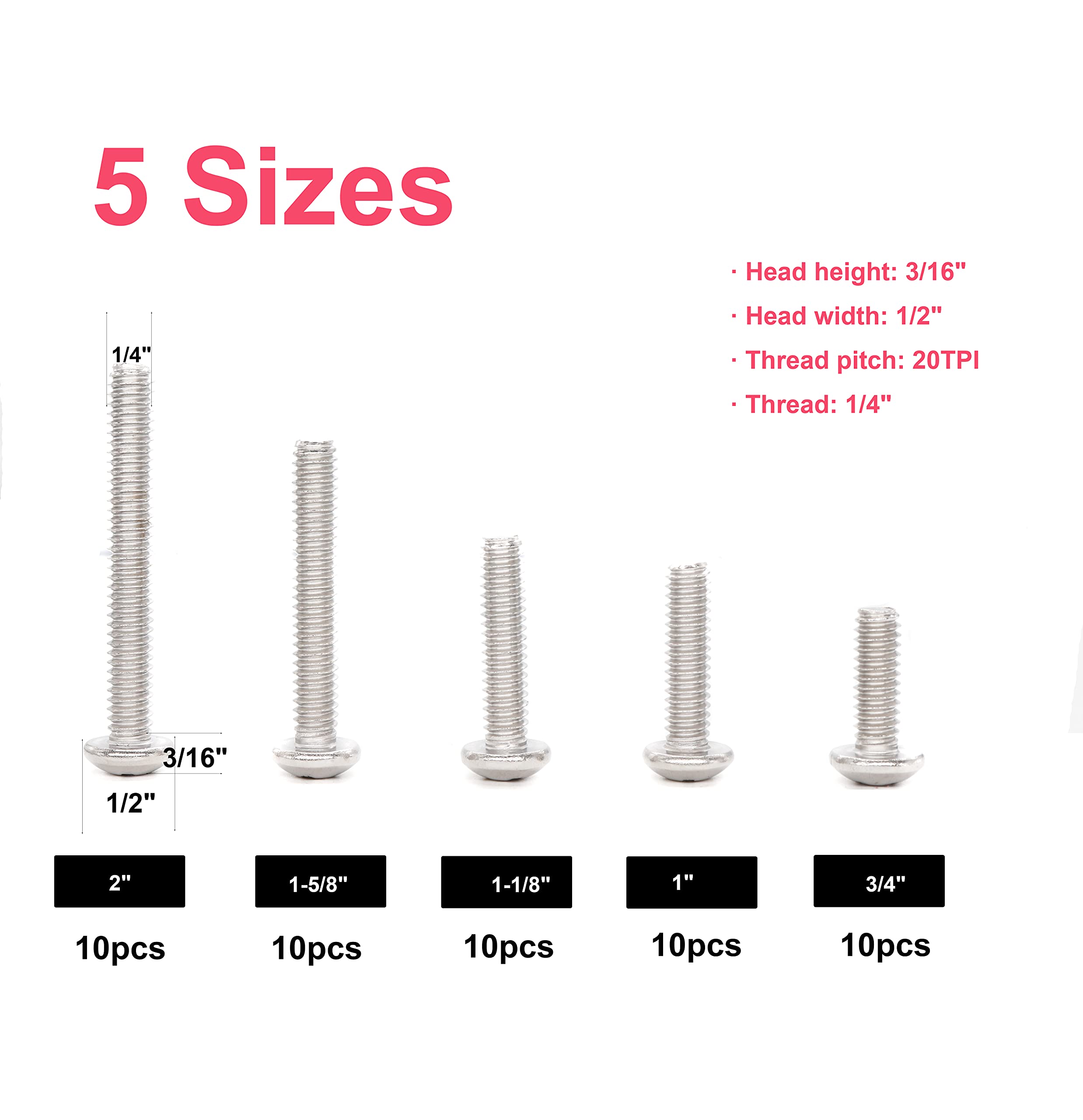 binifiMux 50pcs 1/4-20 Inch Round Head Phillips Machine Screws Assortment Kit, 304 Stainless Steel Silver Tone, 1/4 x 3/4,1,1-1/8,1-5/8,2 Inch