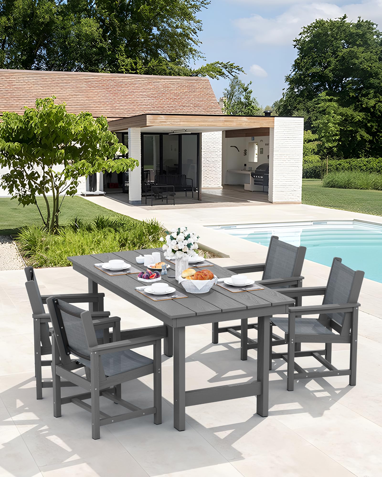 SERWALL 7 Piece Outdoor Dining Table Sets for 6 with 1 Umbrella Hole Cut-Out Rectangular Table and 6 Textilene Chairs, HDPE Dining Table Sets for Garden, Backyard, Poolside, Gray