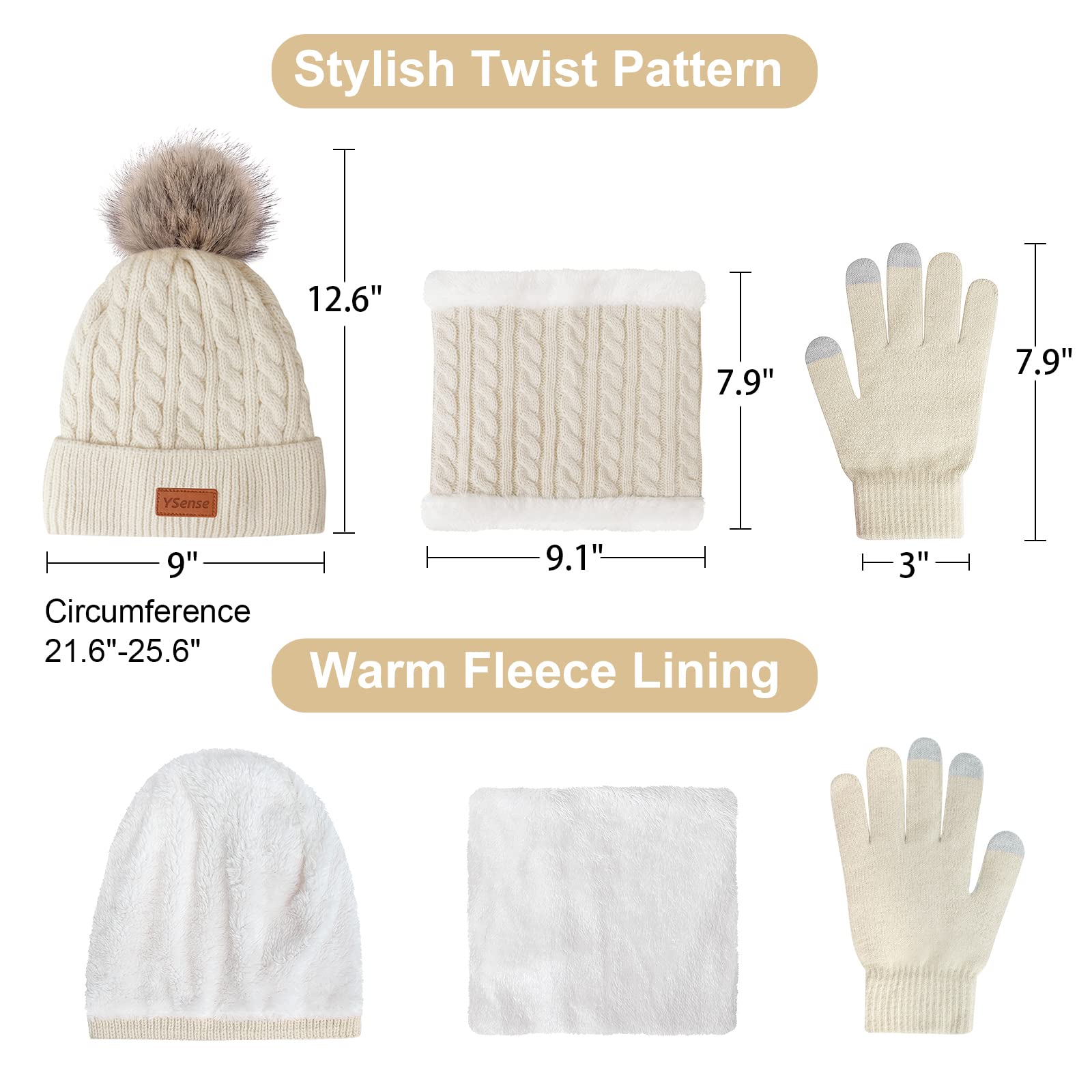3 in 1 Winter Hat Scarf Glove Set for Women, Warm Fleece Lined Knit Beanie Hat Touchscreen Mittens and Neck Warmer, Beige